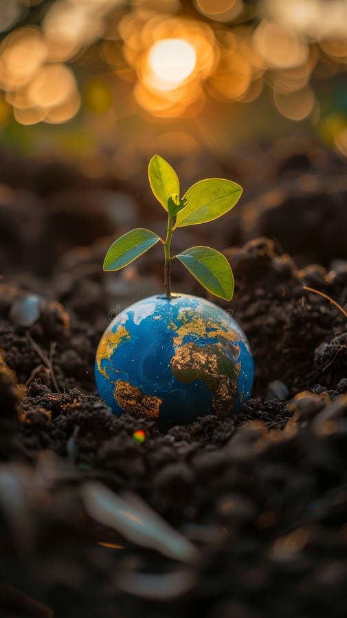 Small Plant Growing on a Globe in Soil at Sunset, Environmental ...