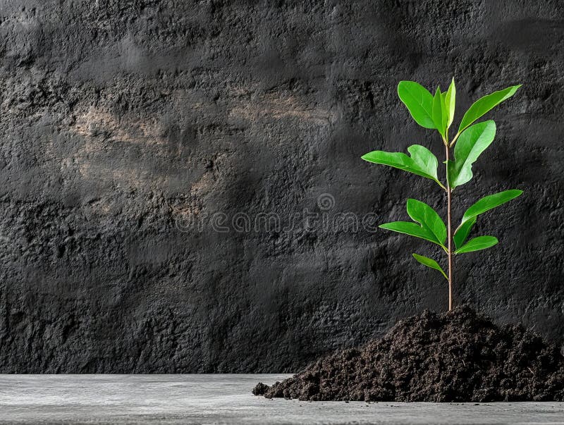 A Small Plant Growing Out of the Ground in Front of a Black Wall Stock ...