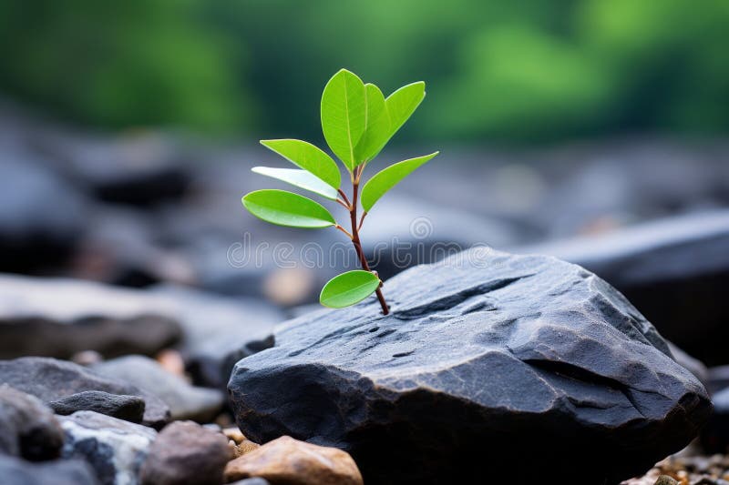 A Small Plant is Growing Out of a Rock Stock Photo - Image of composure ...