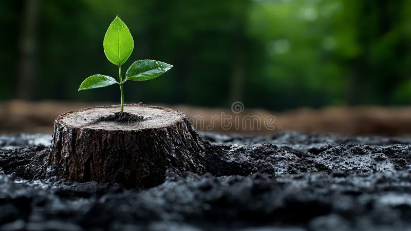 A Small Plant Growing Out of a Tree Stump in the Dirt Stock Image ...