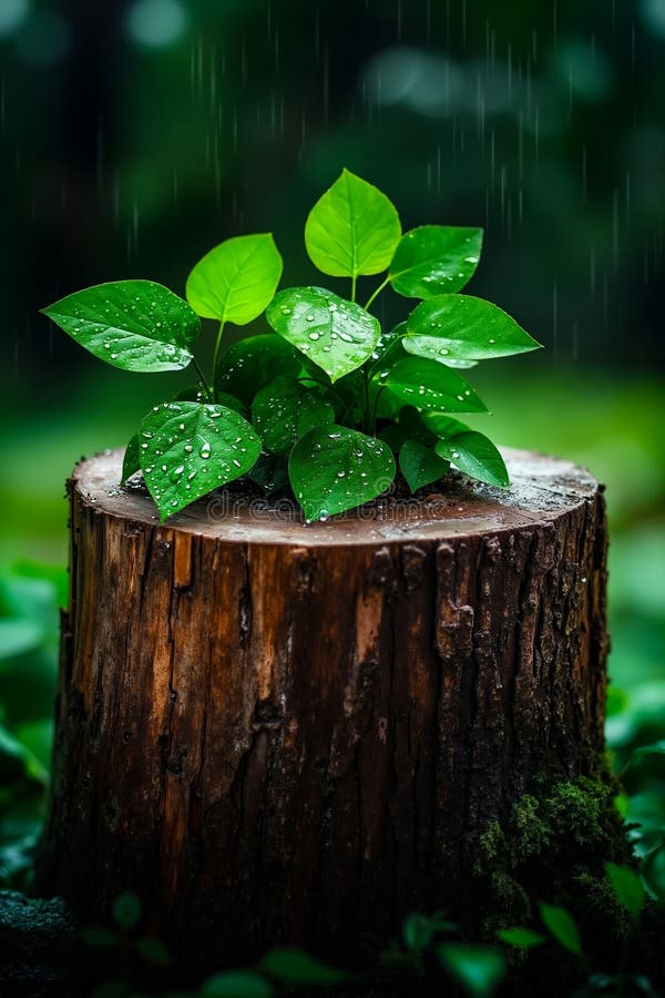 A Small Plant Growing Out of a Tree Stump in the Rain Stock Photo ...