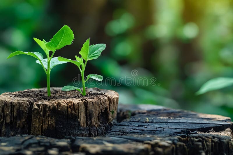 A Small Plant Growing Out of a Tree Stump in the Woods. Generative AI ...