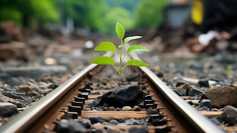 A Small Plant is Growing on a Railroad Track Stock Illustration ...