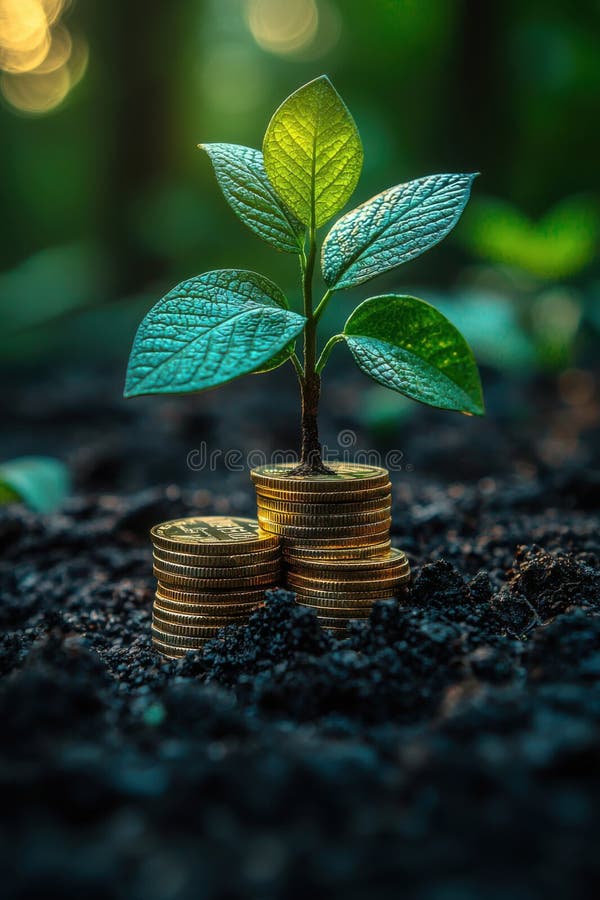 Small Plant Growing from Stacks of Coins in Soil, Symbolizing Growth ...