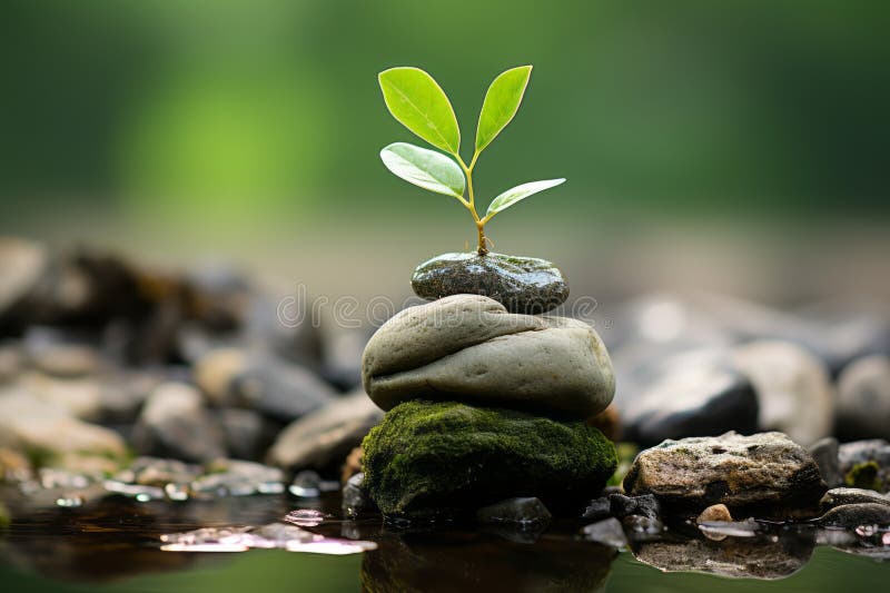 A Small Plant Growing on Top of a Pile of Rocks Stock Illustration ...