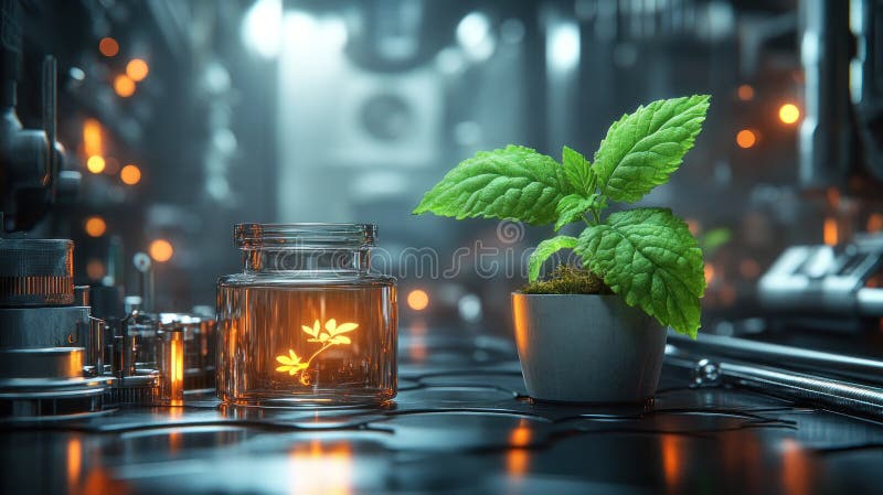 A Small Plant Inside a Glass Jar and Another Plant in a Pot on a ...