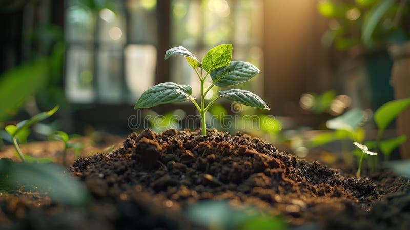 A Small Plant Rests on a Pile of Soil Stock Illustration - Illustration ...