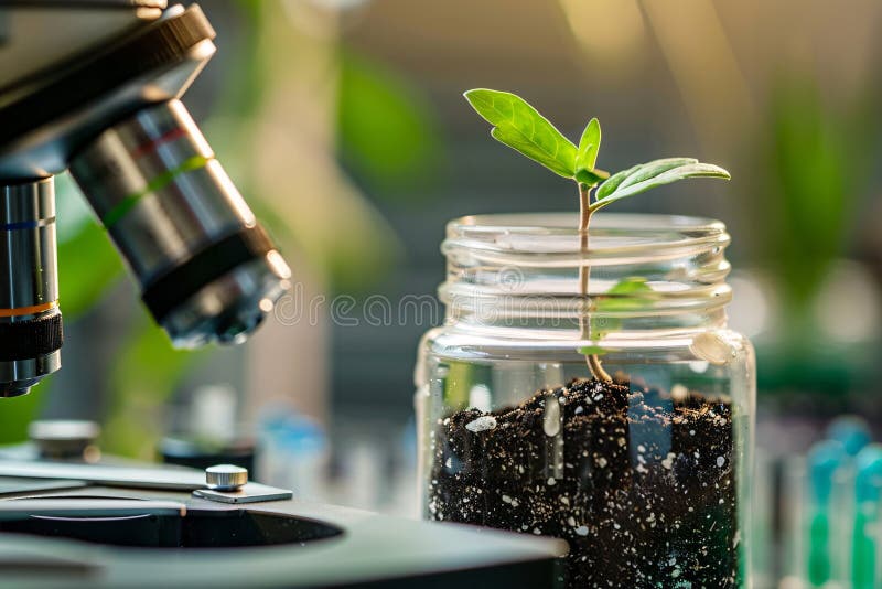 Small Plant Seedling in Jar in Research Lab with Microscope. Concept ...