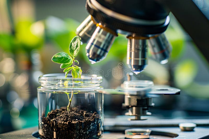 Small Plant Seedling in Research Lab with Microscope. Concept for ...