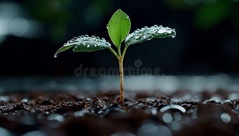 A Small Plant with Water Droplets on it Growing Out of the Ground Stock ...
