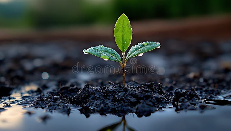 A Small Plant with Water Droplets on it Growing Out of the Ground Stock ...