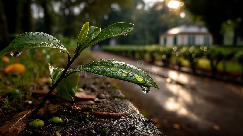 A Small Plant with Water Droplets on it Sitting on a Stone Wall Stock ...