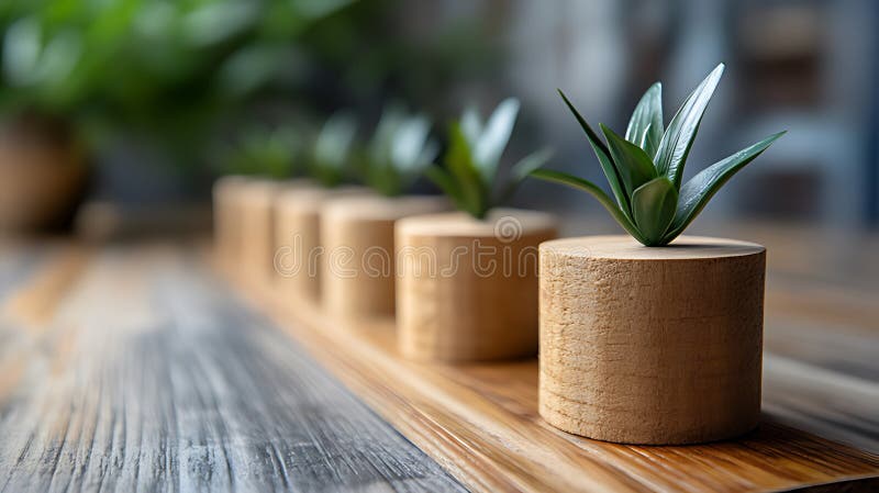 Small Plants in Wooden Pots Aligned on a Wooden Table Stock ...