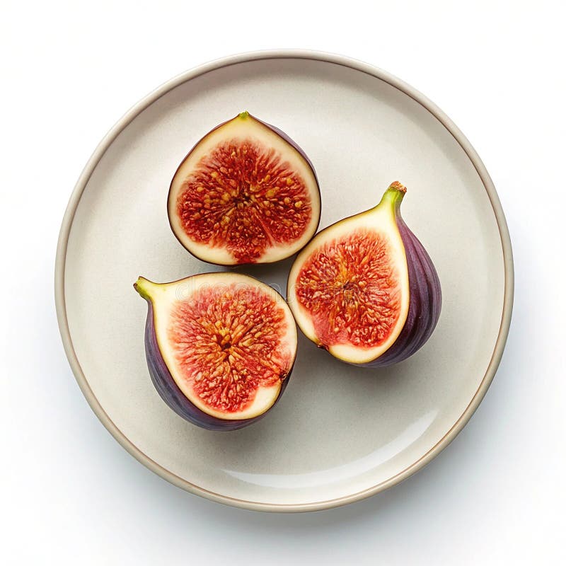 Small Plate of Fresh Figs Cut in Half on White Background Stock ...