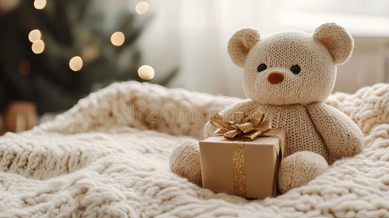 A Small Plush Toy Holding a Tiny Wrapped Gift, Placed on a Soft Beige ...
