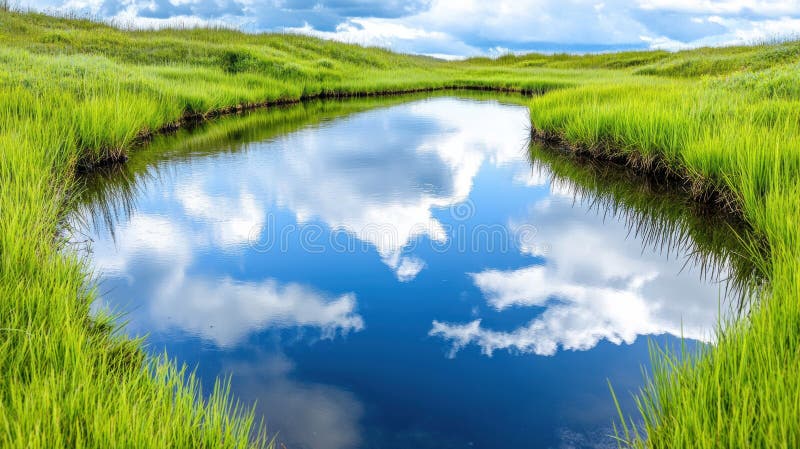 A Small Pond in a Grassy Field with Clouds Reflected, AI Stock Image ...