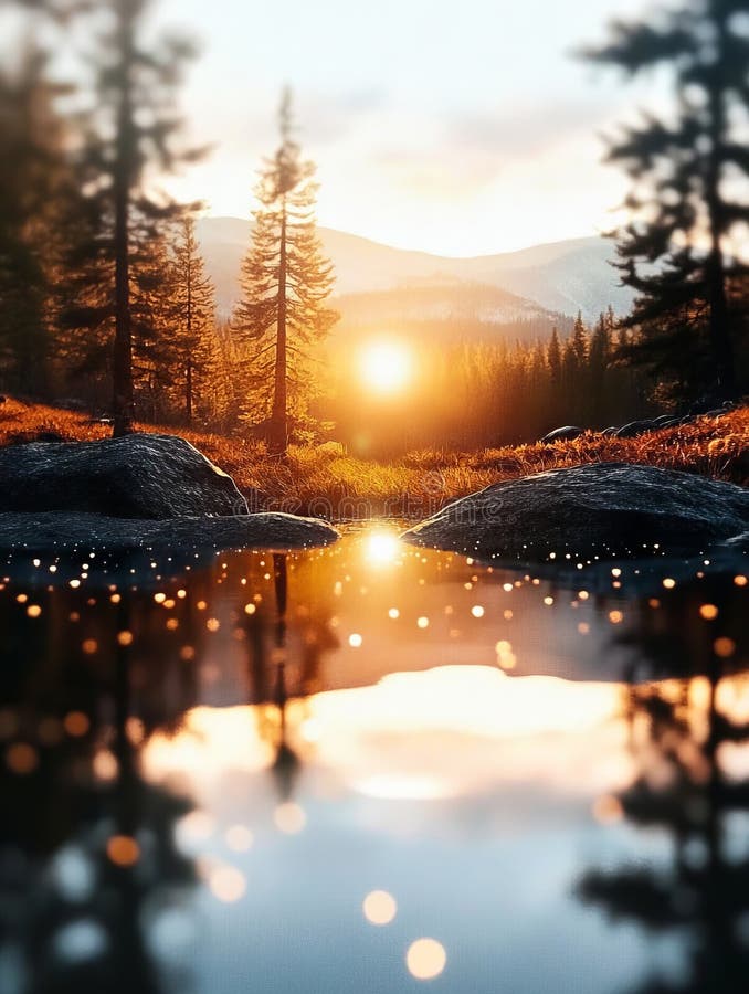 A Small Pond in the Middle of a Forest with the Sun Setting Behind it ...