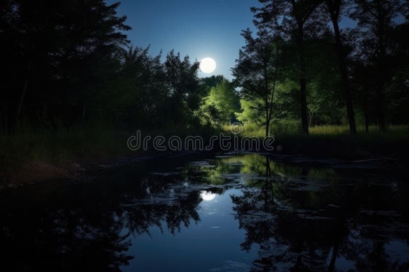 A Small Pond Reflects a Bright Moon in Its Dark Water Stock ...