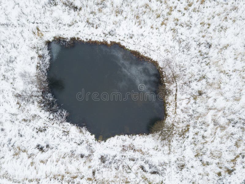 Small Pond. Snow on the Shore. View from Above Stock Image - Image of ...
