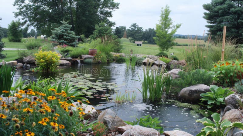 Small Pond Surrounded by Rocks and Flowers Stock Image - Image of ...