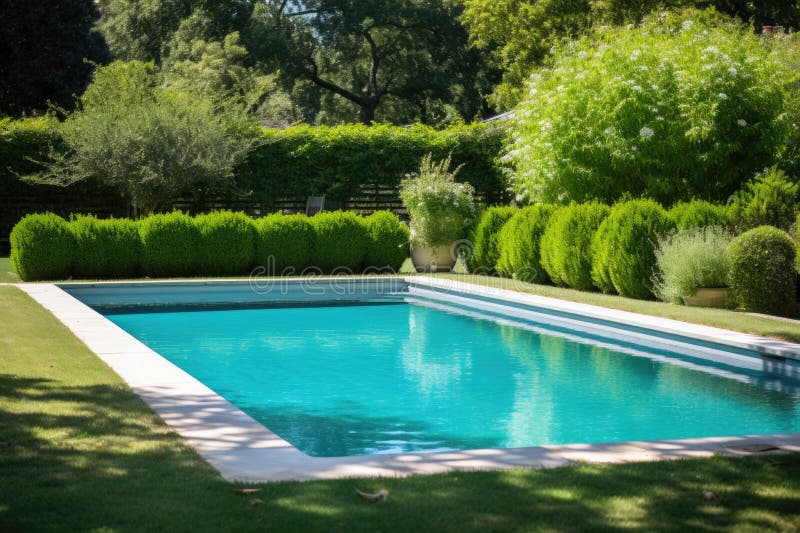 A Small Pool Surrounded by Hedges and Trees, AI Stock Illustration ...