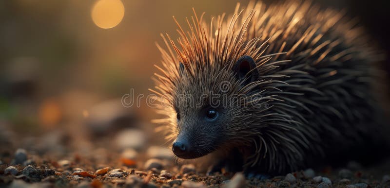 A Small Porcupine Walking on the Ground at Sunset Stock Image - Image ...