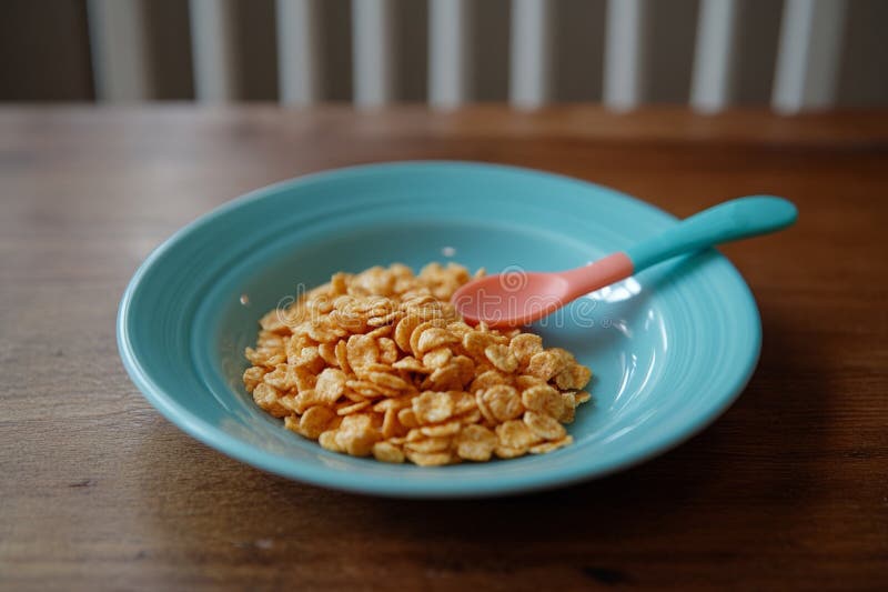 Small Portion of Dry Children S Cereal on a Blue Plate with a Small ...