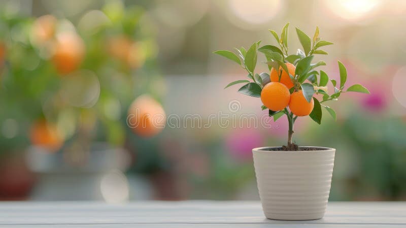 Small Potted Citrus Tree with Ripe Oranges on a Table at Sunset Glow ...