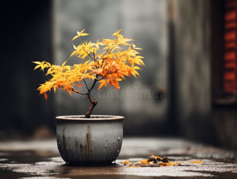 A Small Potted Tree with Yellow Leaves on the Ground Stock Image ...
