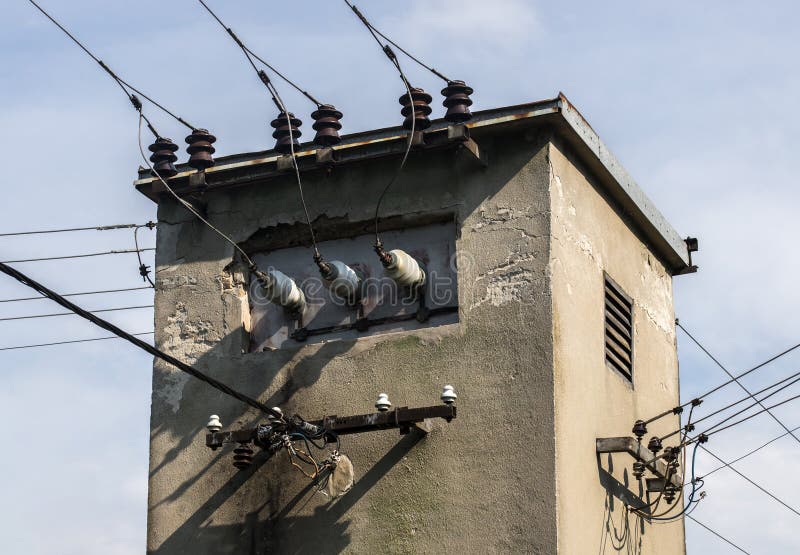 Small Power Transformer Tower with Electric Cables Stock Photo - Image ...