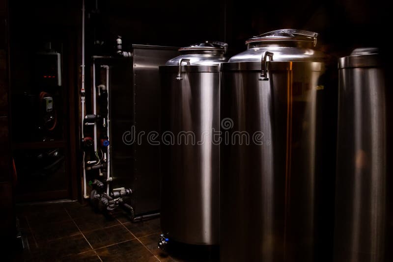 Small Private Brewery. Industrial Stainless Steel Fermentation Vats ...