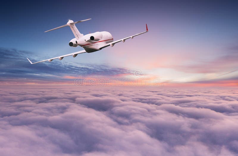 Small Private Jetplane Flying Above Beautiful Clouds. Stock Photo ...