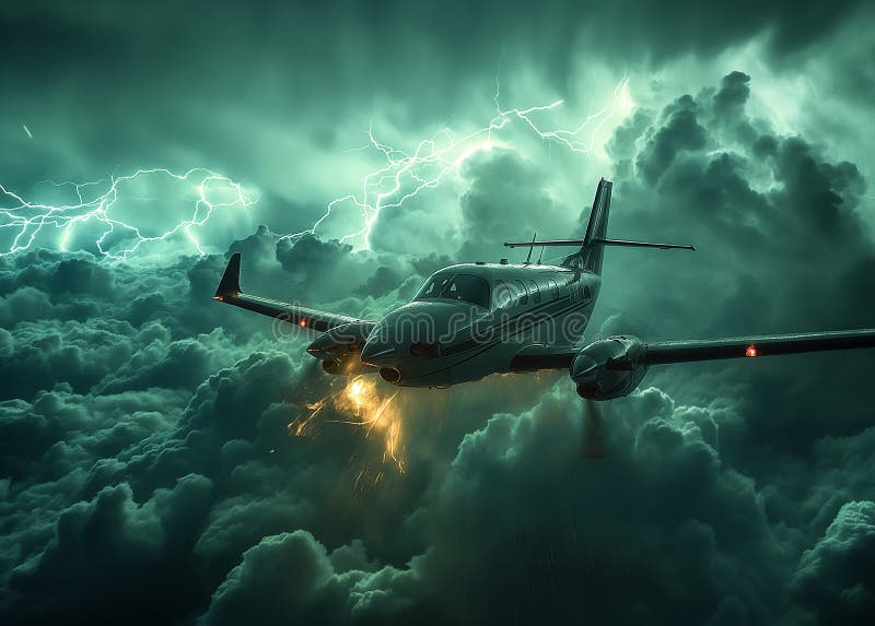 A Small Propeller Plane Flying through a Storm with Lightning Striking ...