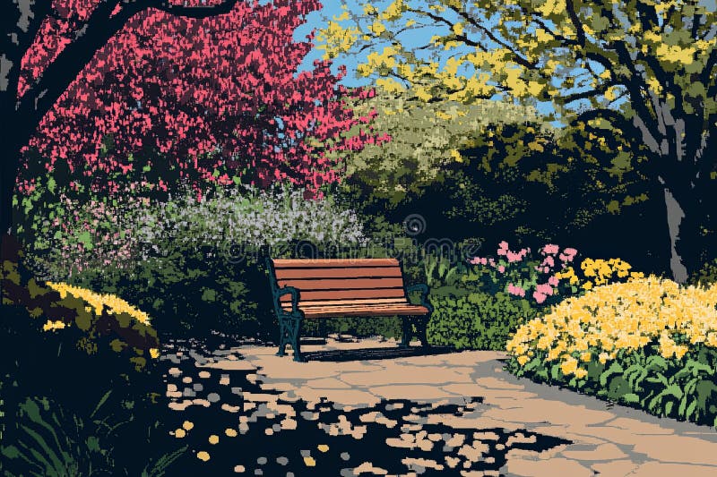 A Small Public Garden with a Single Bench Surrounded by Spring Blooms ...