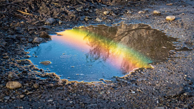 A Small Puddle of Water Reflecting a Rainbow in a Dirt Parking Lot ...