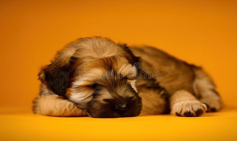 A Small Puppy is Sleeping on a Yellow Surface with Its Head on Its Paws ...