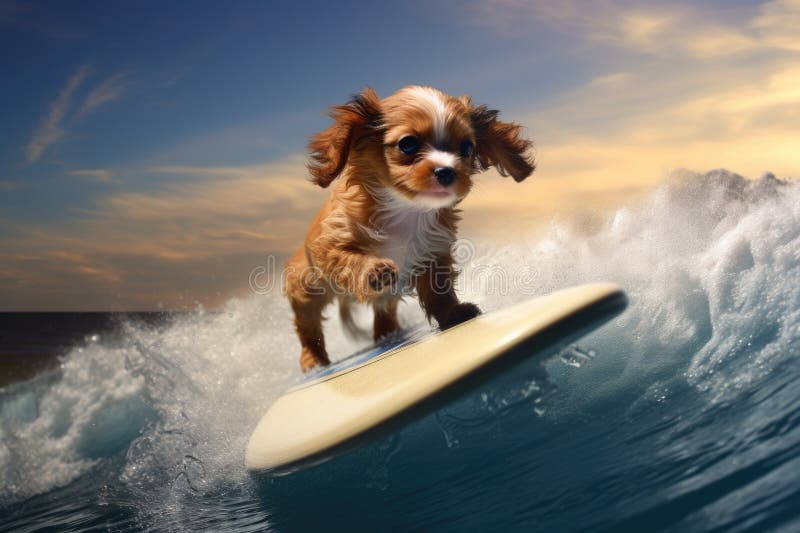 A Small Puppy on a Surfboard, Riding a Small Wave into Shore Stock ...