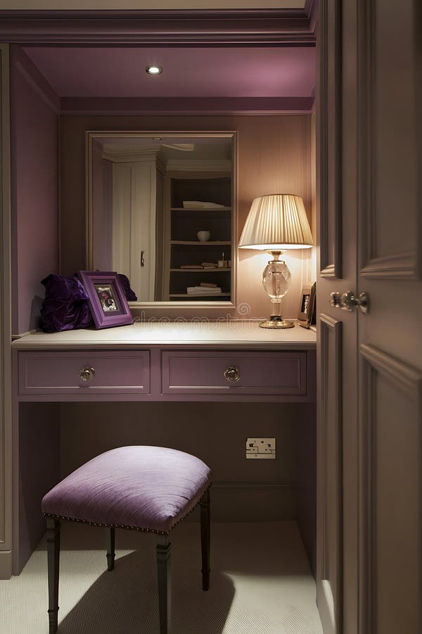 A Small Purple Vanity with a Purple Stool and a Lamp on it Stock Image ...
