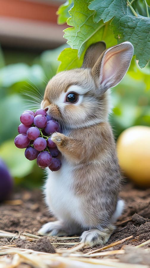 A Small Rabbit Eating a Bunch of Grapes Stock Image - Image of plants ...