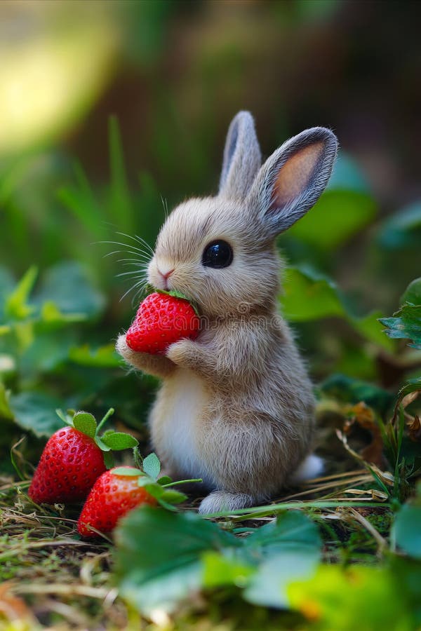 A Small Rabbit Eating a Strawberry in the Grass Stock Photo - Image of ...