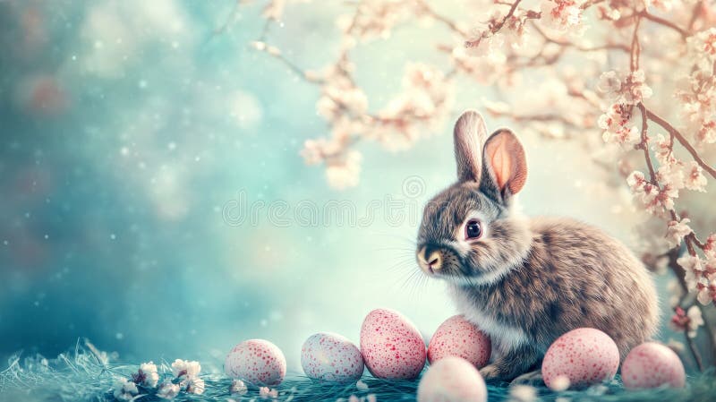 Cute Rabbit Sitting among Pastel Colored Eggs with Blooming Branches in ...