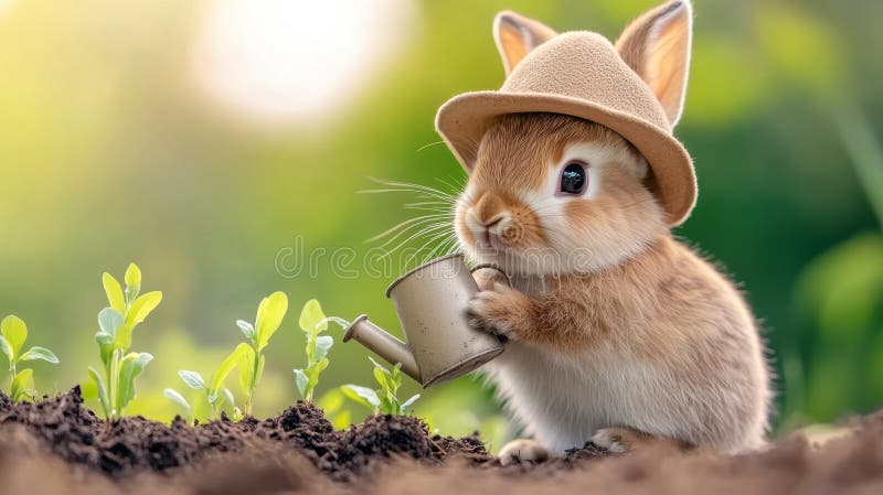 A Small Rabbit in a Hat Watering Plants with a Teapot, AI Stock Photo ...