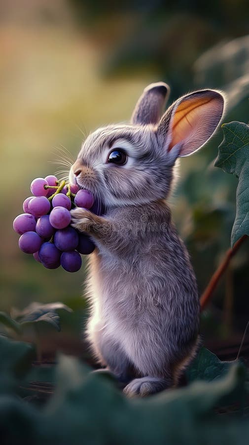 A Small Rabbit Holding a Bunch of Grapes in Its Mouth Stock Photo ...