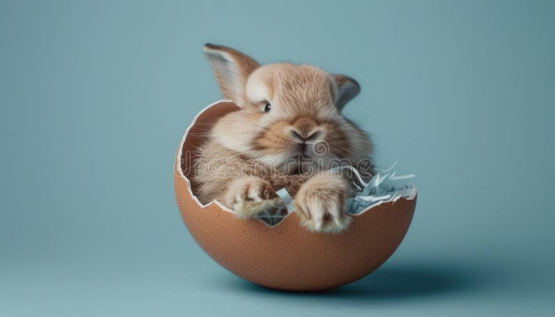 A Cute Rabbit Emerging from a Broken Egg Shell on a Light Blue ...
