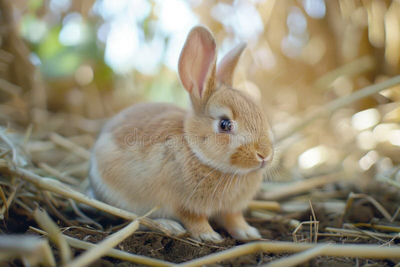 A Small Rabbit Sits Atop a Stack of Hay Stock Image - Image of farm ...
