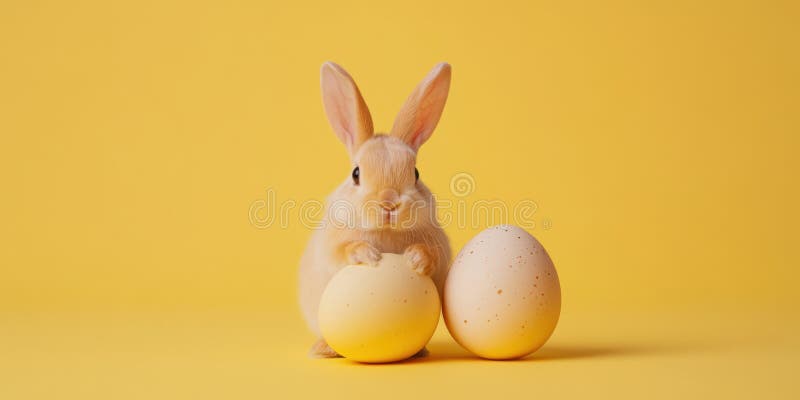 A Small Rabbit Sits beside Two Colorful Easter Eggs. Stock Image ...
