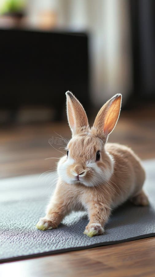 Small Rabbit Sitting on a Colorful Yoga Mat in a Bright Indoor Setting Stock Illustration ...