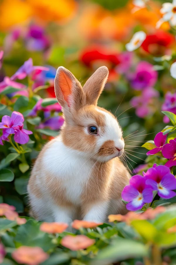 A Small Rabbit Sitting in a Field of Flowers. Generative AI Stock Photo ...