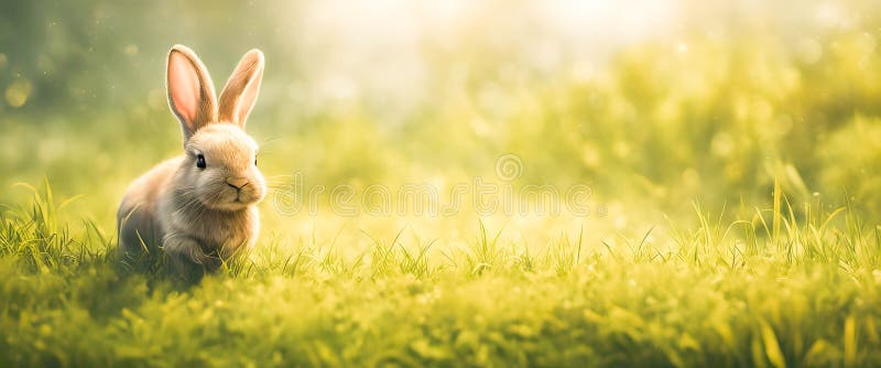 A Small Rabbit Sitting in a Field on Green Grass. Stock Photo - Image ...