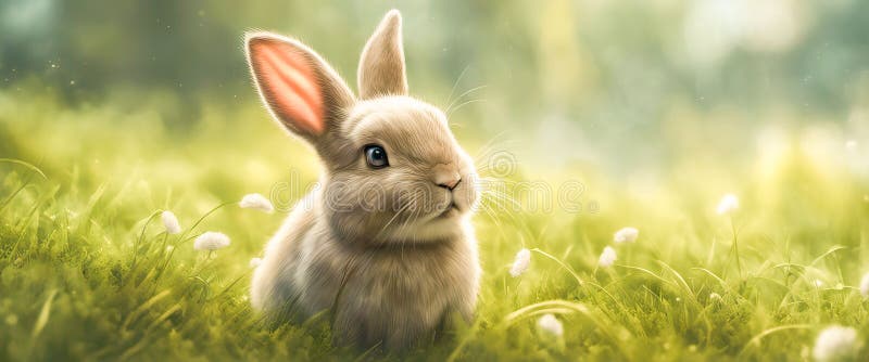 A Small Rabbit Sitting in a Field on Green Grass. Stock Illustration ...
